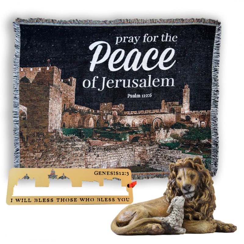 Lion and Lamb Figurine + Jerusalem Throw Blanket + Genesis 12:3 ...